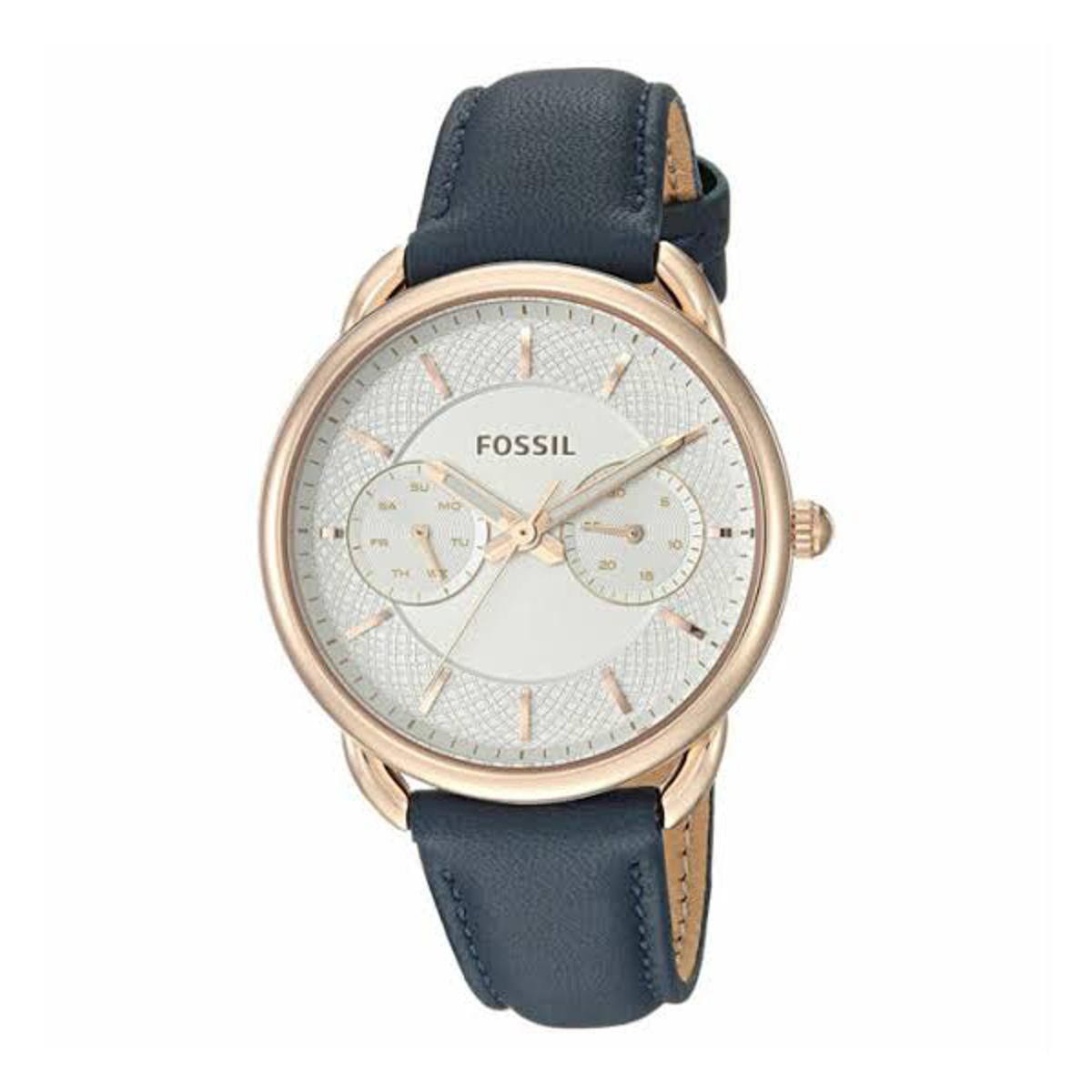 Fossil Tailor White Dial Navy Blue Leather Strap Watch For Women ES ...