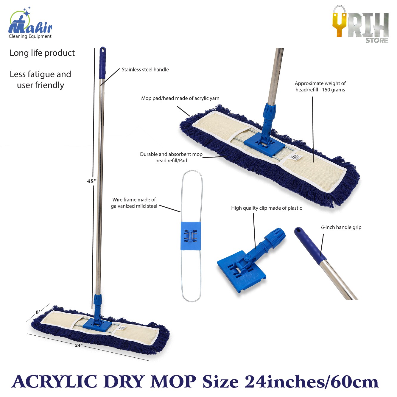 YRIH Store Mahir dry mop | Acrylic dry mop | Micro fibre dry mop with SS rod | Cotton dry mop ...