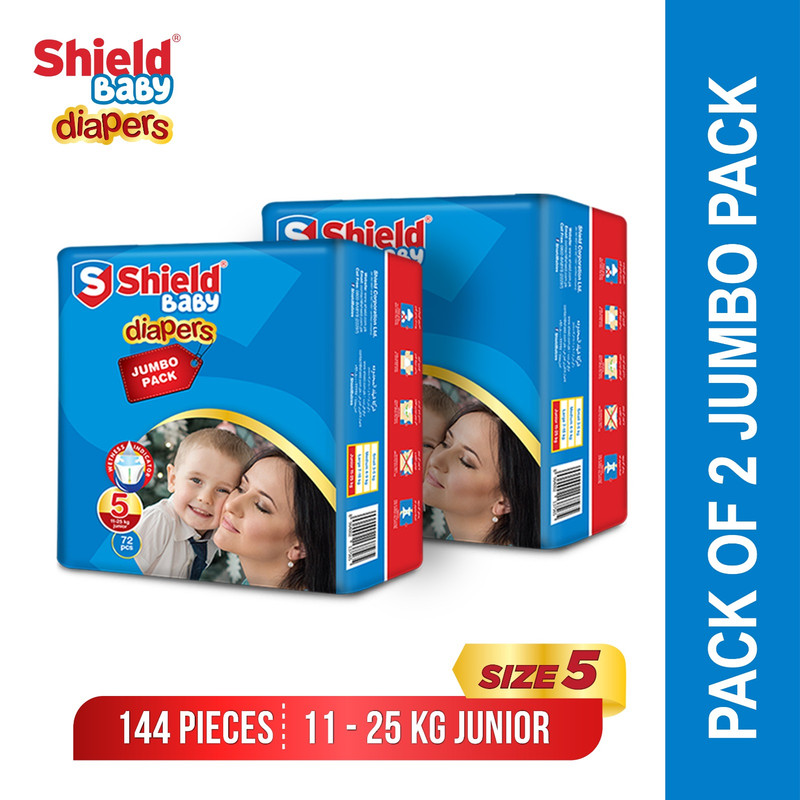 Pack of 2 Shield Baby Diapers Jumbo Pack Size 5 Junior (11-25Kg, 144 ...