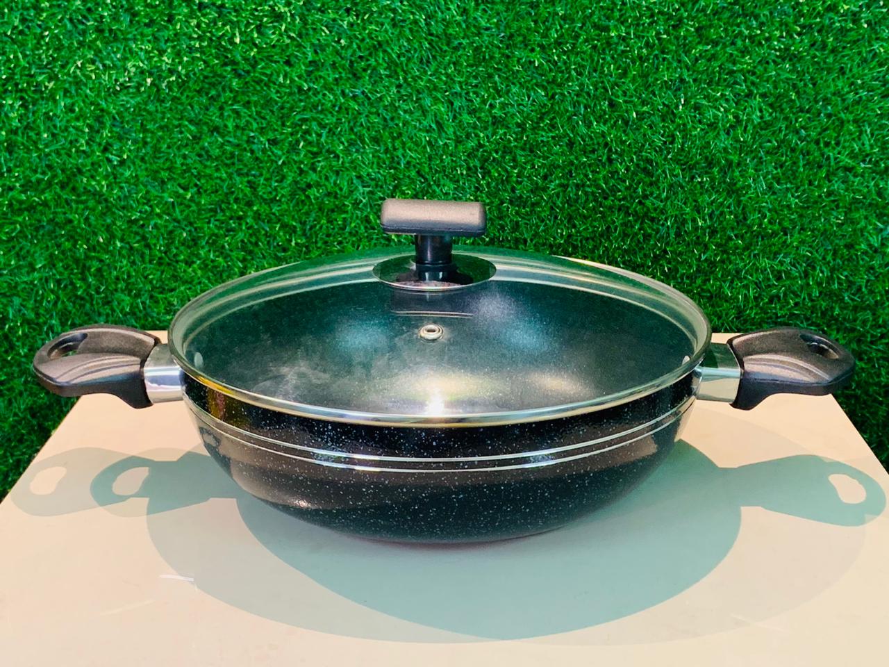 Non Stick Karahi Cooking Wok / Pot With Glass Lid + Silicone Spoon Gift ...