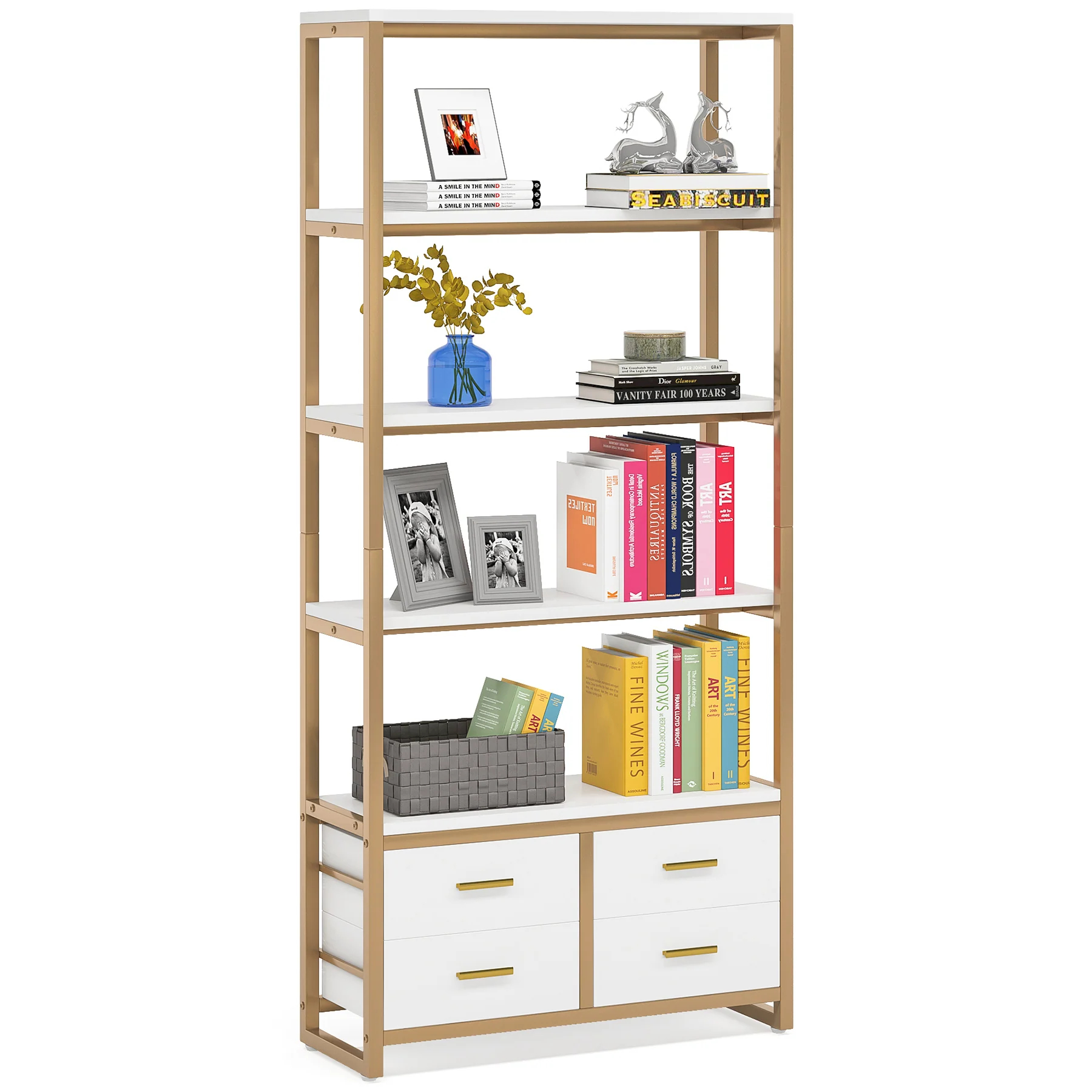 Customised 5-Tier Bookshelf, 70.9" Etagere Bookcase with 4 Drawers ...