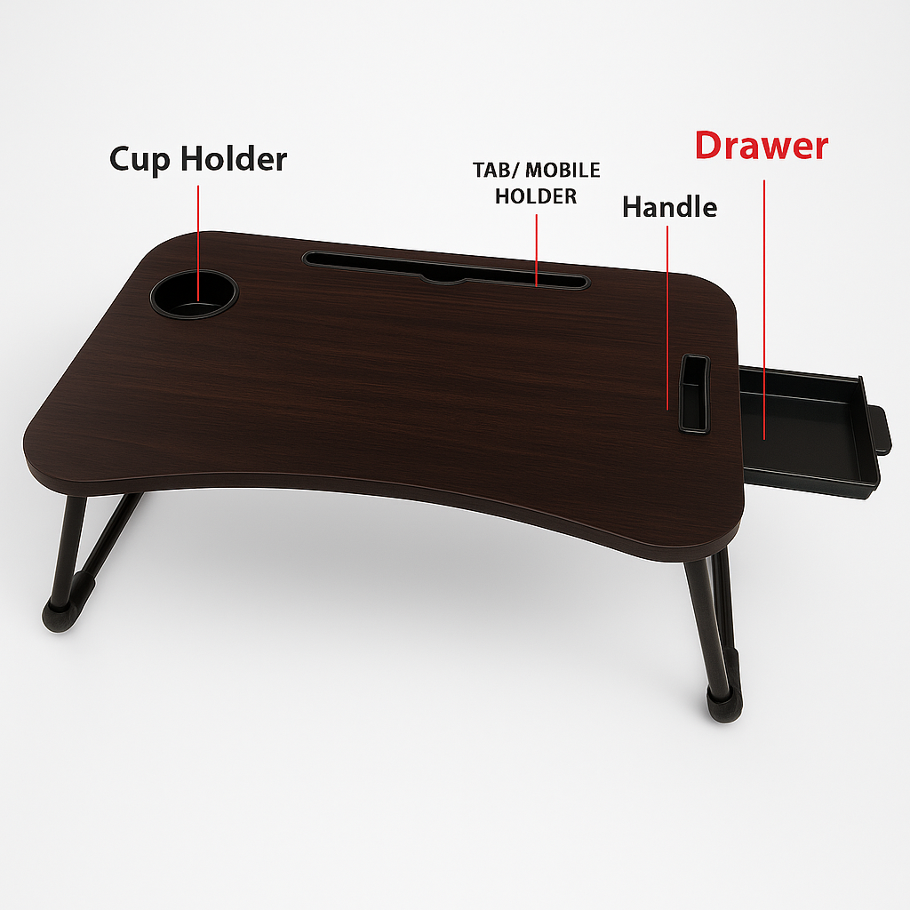 Ergonomic Wooden Foldable Laptop Desk Table with Cup Holder, Drawer ...