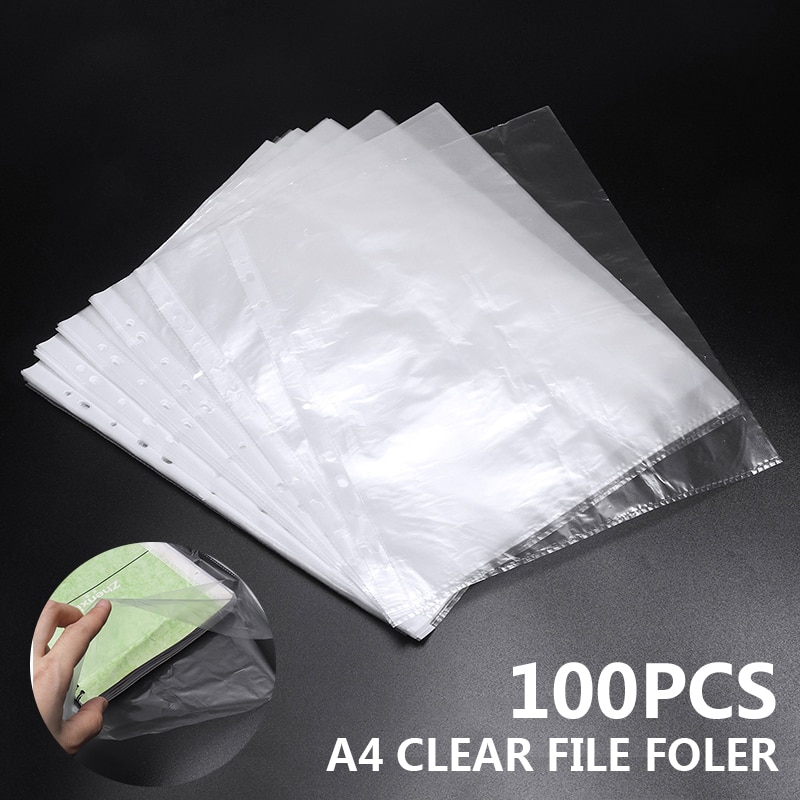 A4 clear plastic punched pockets file paper protector / paper wallets / sleeves 100 Pcs A4 ...