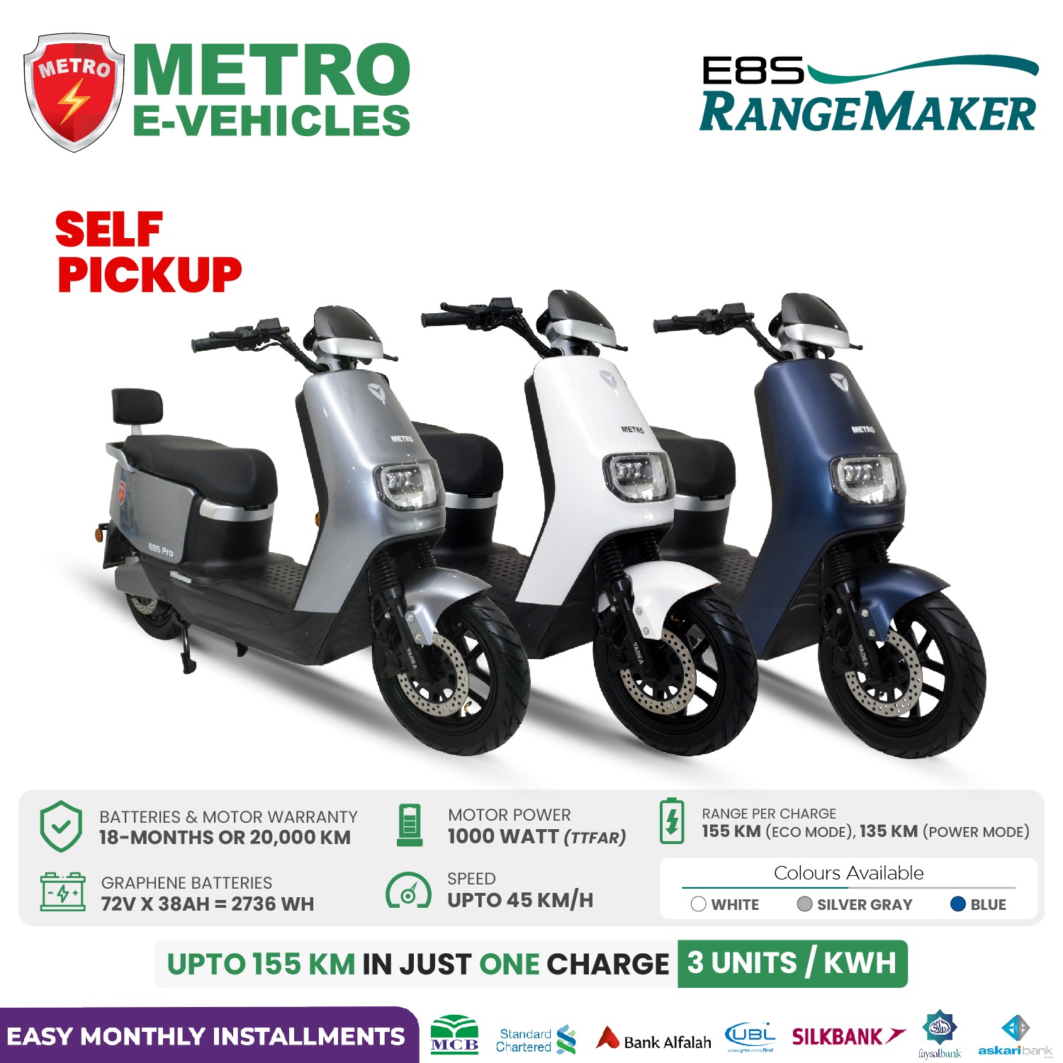 METRO E8S Range Maker Electric Scooter E-bike -White / Silver Gray / Matte Blue | Daraz.pk
