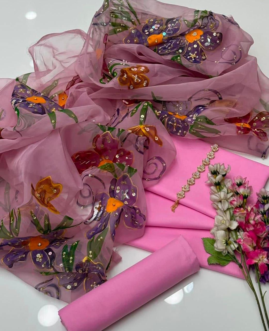 New Collection 3piece suit Organza Brush paint Dupatta with Cut dana ...