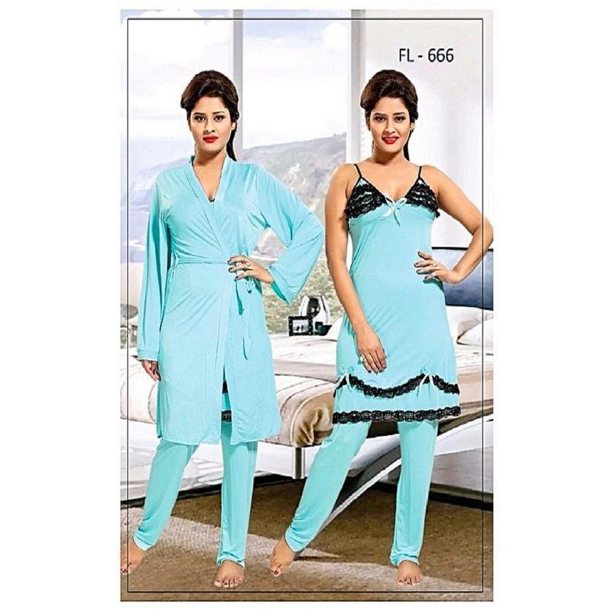 Fl-666 - Blue Exclusive Bridal Nighty Set Collection - 3 Pcs | Daraz.pk