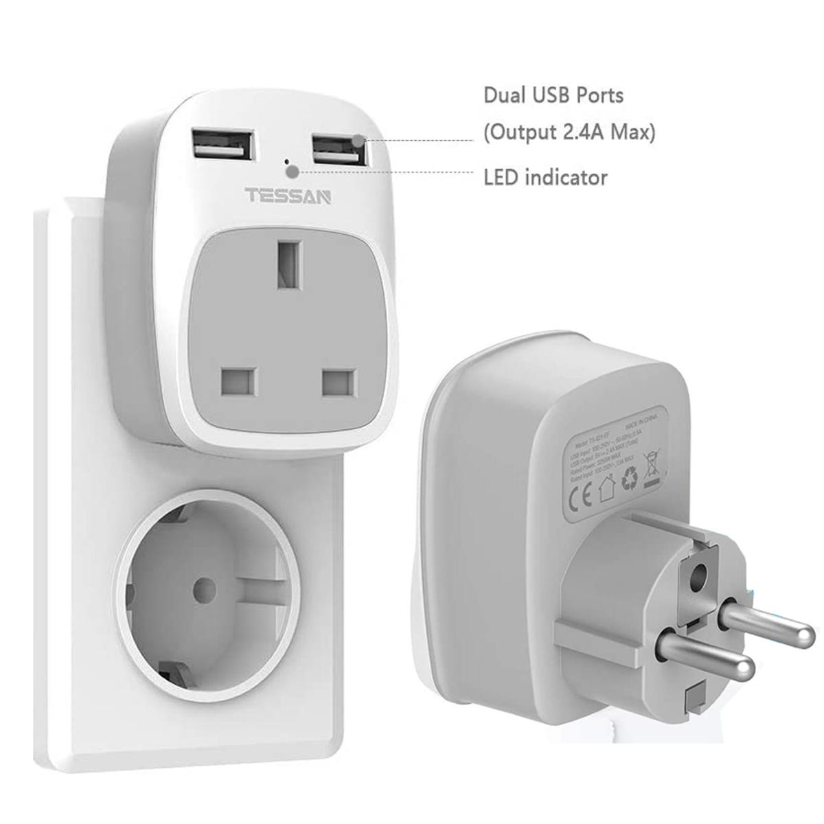 TESSAN Power Socket SG to EU Travel Adapter - Grounded Euro European ...