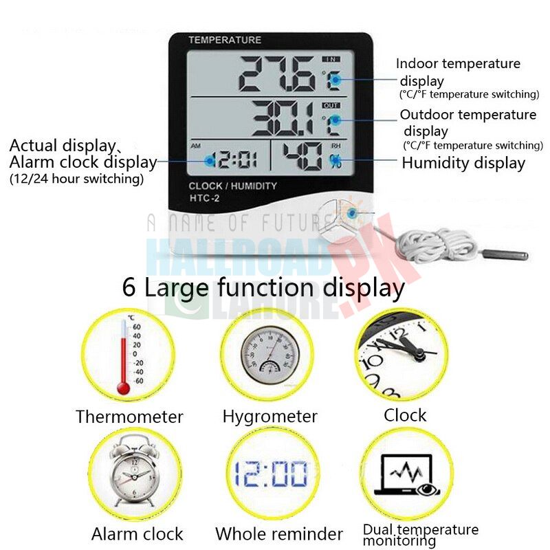 HTC-2 Digital LCD Temperature Humidity Meter Indoor / Outdoor Room ...
