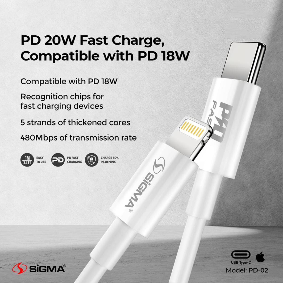 Sigma 20W Fast Charging PD Power Delivery Lightning to USB-C Cable - PD ...
