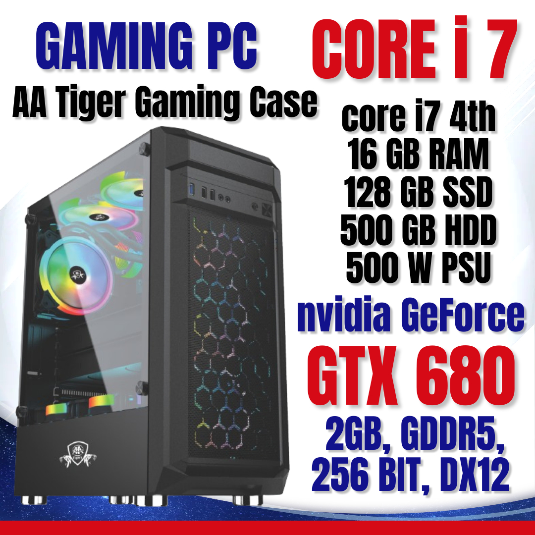 Gaming PC with 4 RGB Fans, H81 Motherboard, Core i7 4th, 16GB RAM, 128GB SSD, 500GB HDD, 2GB ...