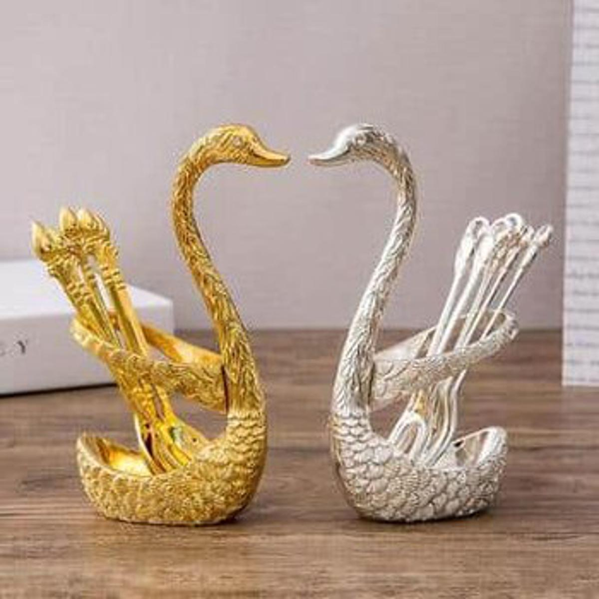 Stainless Steel Swan Shaped Tea Spoon Holder with 6 Spoons - Gold ...