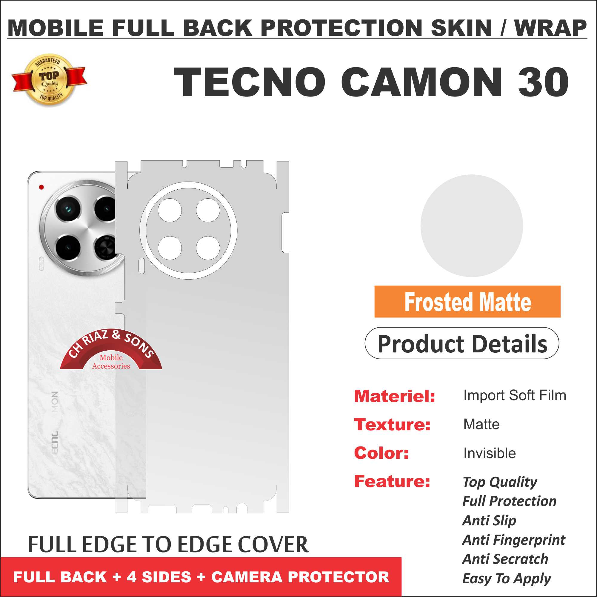 TECNO CAMON 30 FULL BACK 360 premium Protection Skin Wrap full cover ...