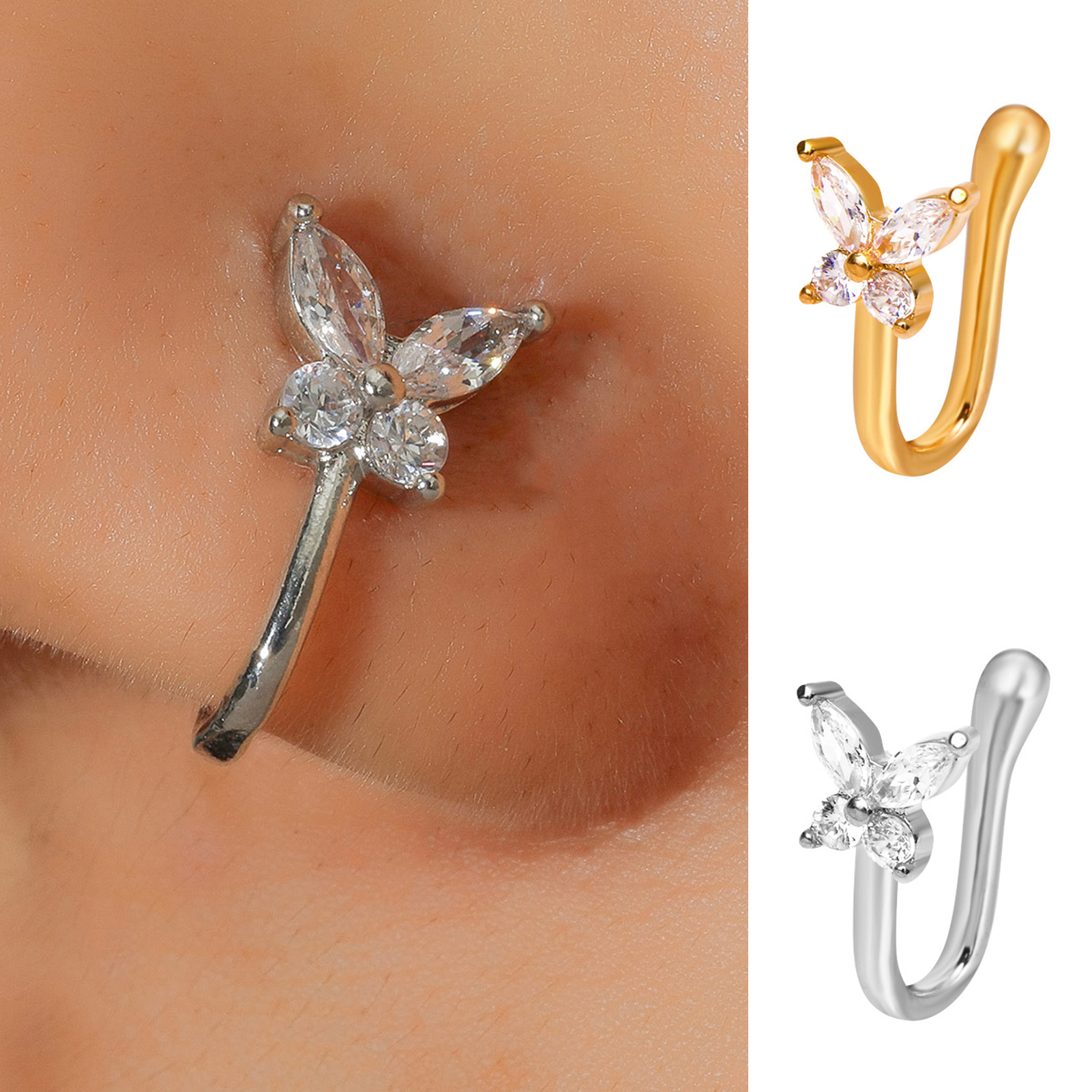 Nose Ring Butterfly Rhinestones Jewelry Simple Electroplating Nose Cuff ...