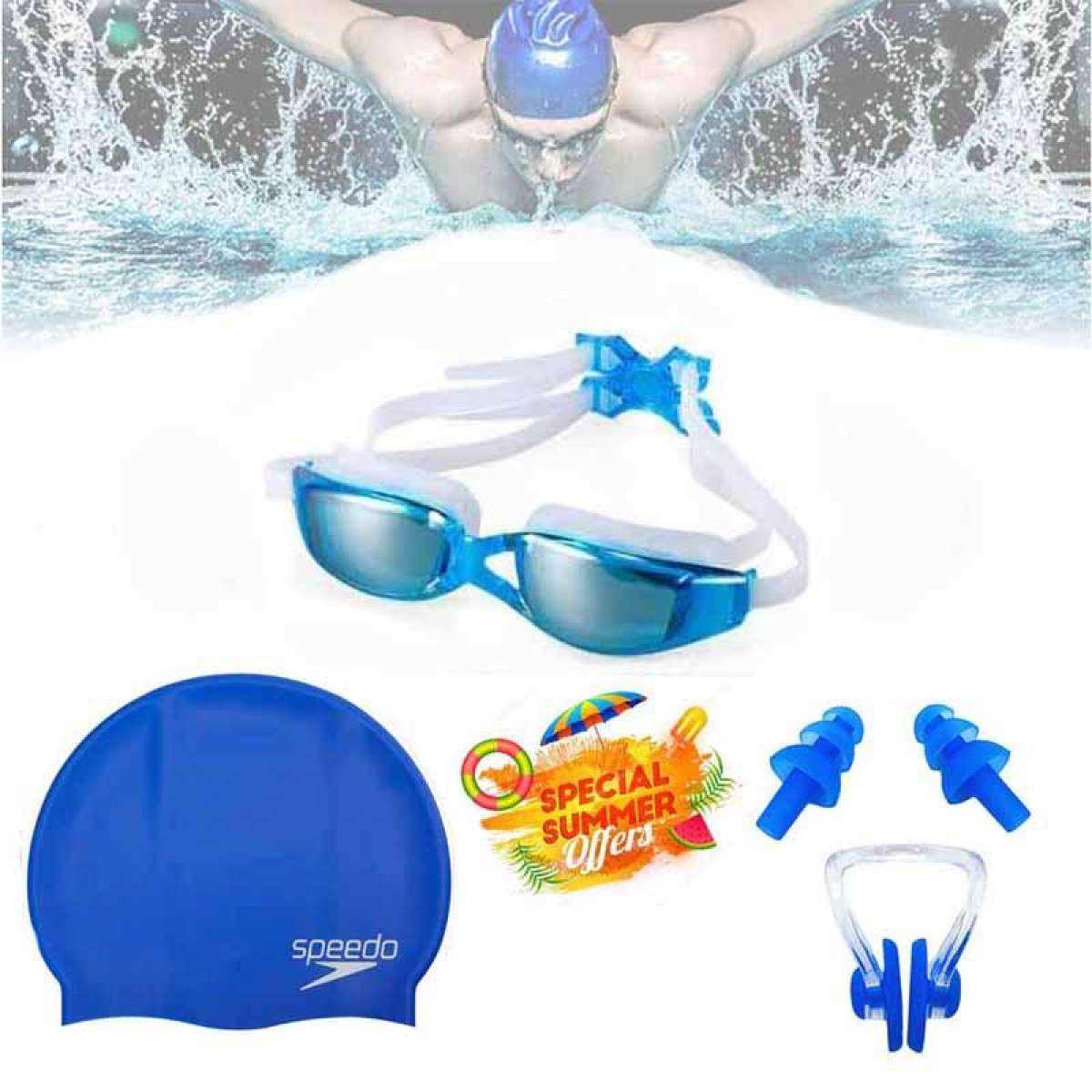 Set of 3 - Swimming Glasses Goggles Swim Cap Ear Plugs Nose Clip Anti ...