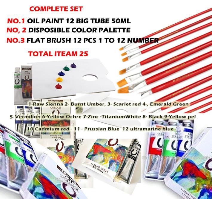 COMPLETE OIL PAINTING SET 12 OIL PAINT BIG TUBE 50 ML 12 BRUSH NO 1 TO ...