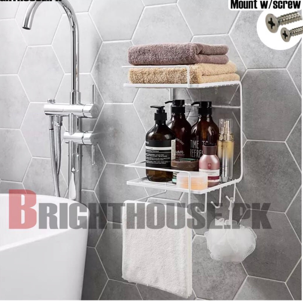 PREMIUM 2-Tier wall hanging Metal Shelf Organizer Rack with 6 Hooks and ...