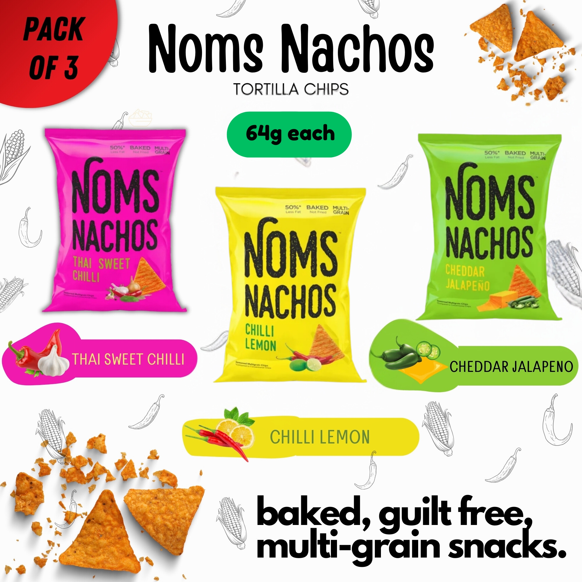 Pack of 3 - Noms Nachos Baked Chips Mix Packs 64g Each | Daraz.pk