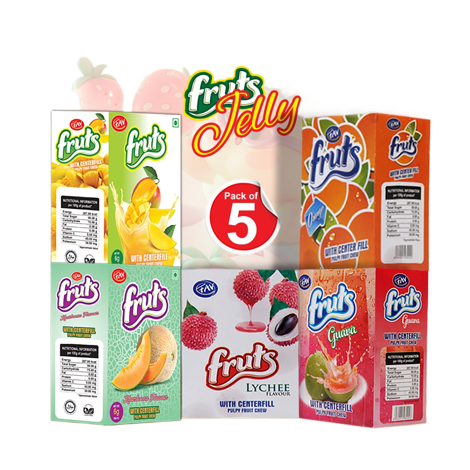FAV Fruits jelly Filled Pack of 5 Flavors Fruits jelly Candy "Delightful Burst of Flavor: FAV ...
