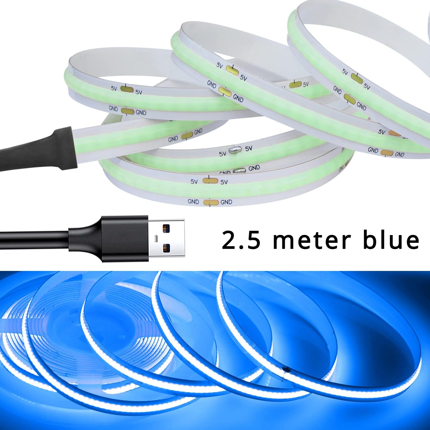COB LED Strip Lights 6000K Cold White 3000K Warm Yellow Blue Red, USB ...