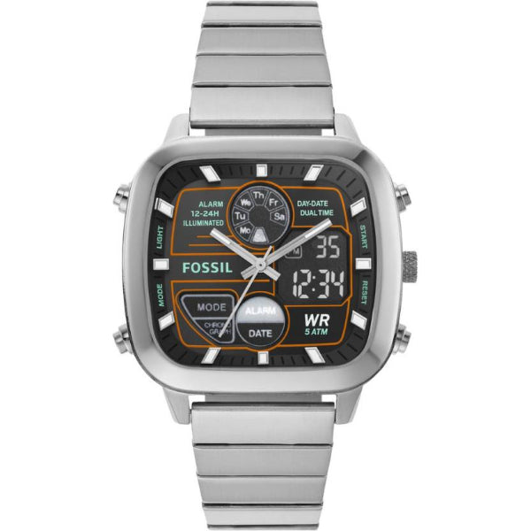 Fossil Retro Anadigital Silver Stainless Steel Positive Display Dial ...