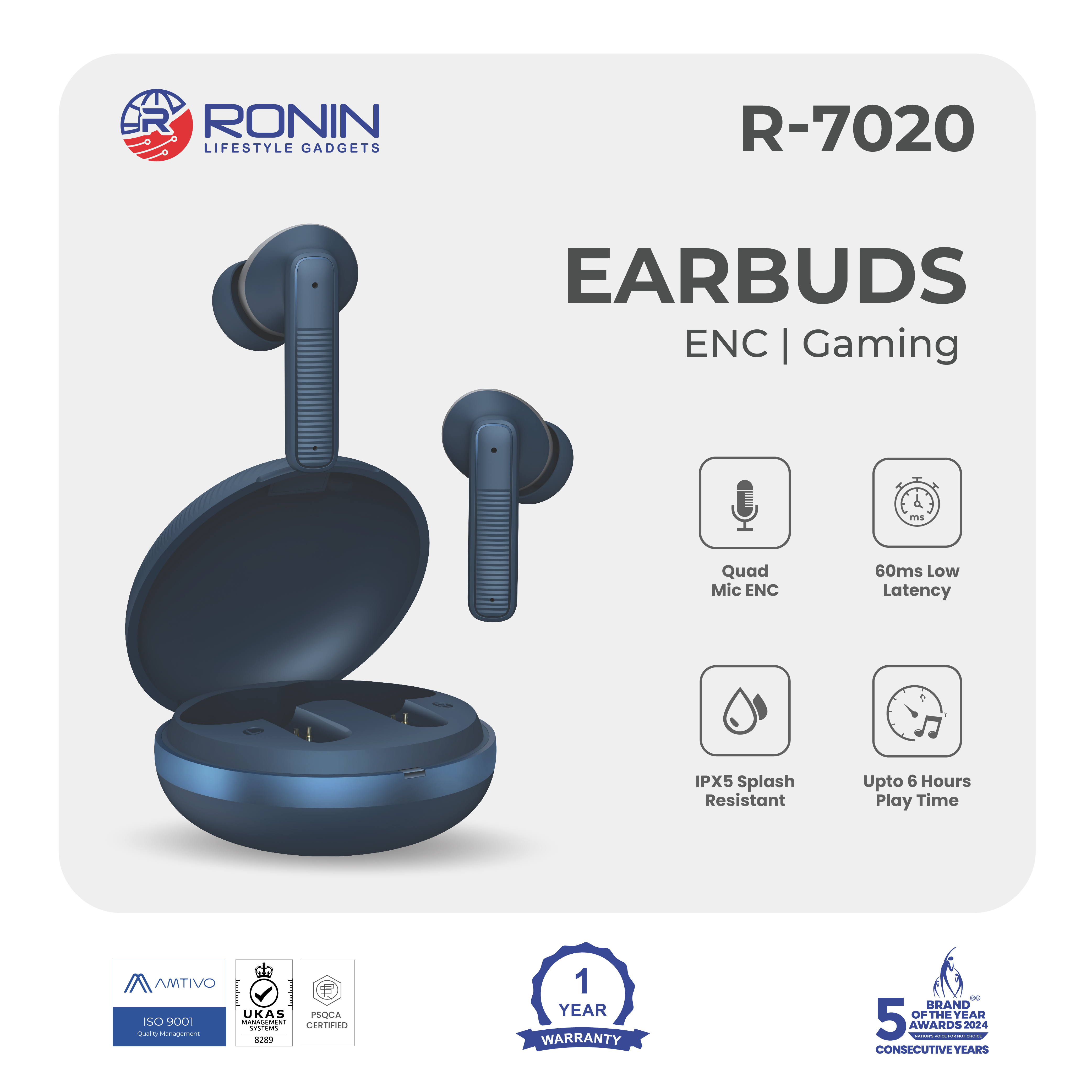 Ronin R-7020 Earbuds, 13mm Driver & Bluetooth 5.3, High Bass Sound ...