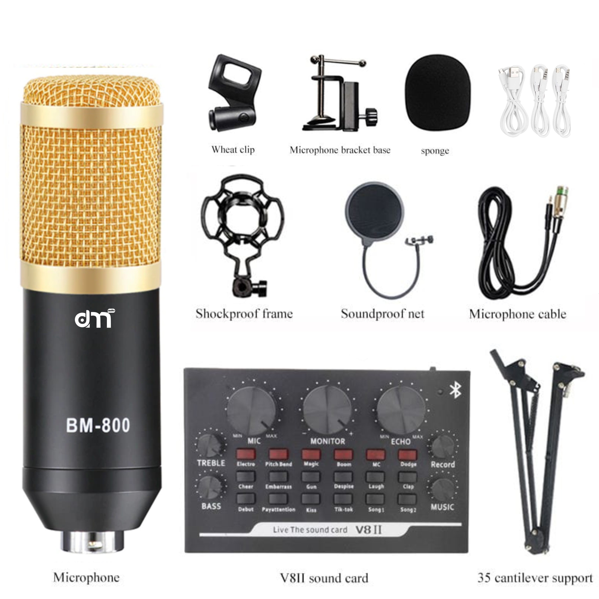 DM AUDIO Podcast Equipment Bundle, BM-800 Mic Kit and V8Ⅱ Live Sound Card with Audio Mixer, Mic ...