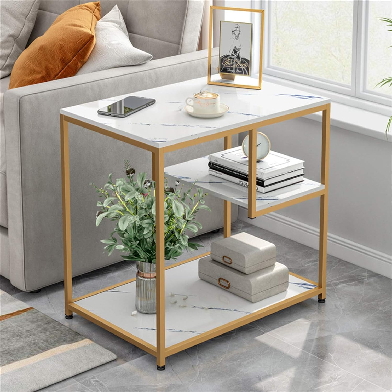 Triple Layer Sofa Side Table Coffee Table with Gold Metal Legs for ...
