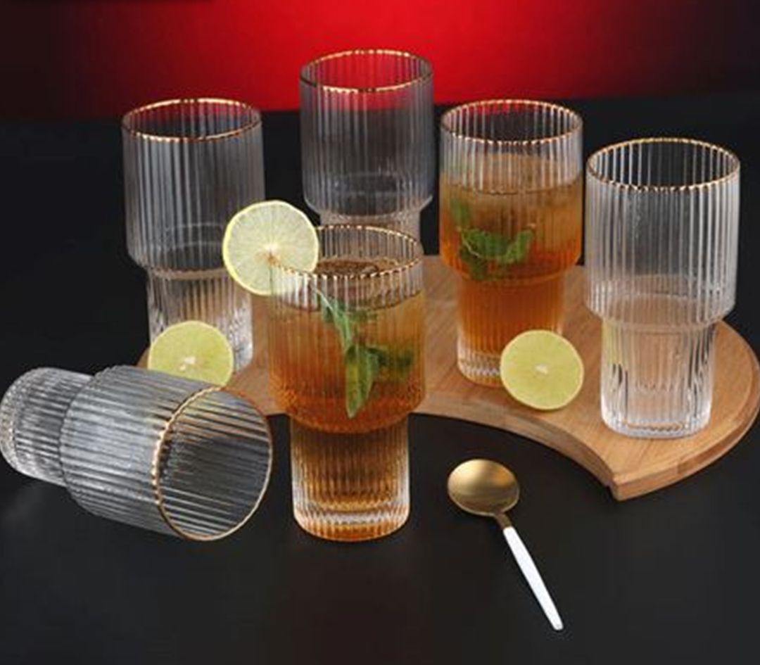 Pure glass water set of 6 - Drinkware Gold Rimmed Fluted Bottom glass ...
