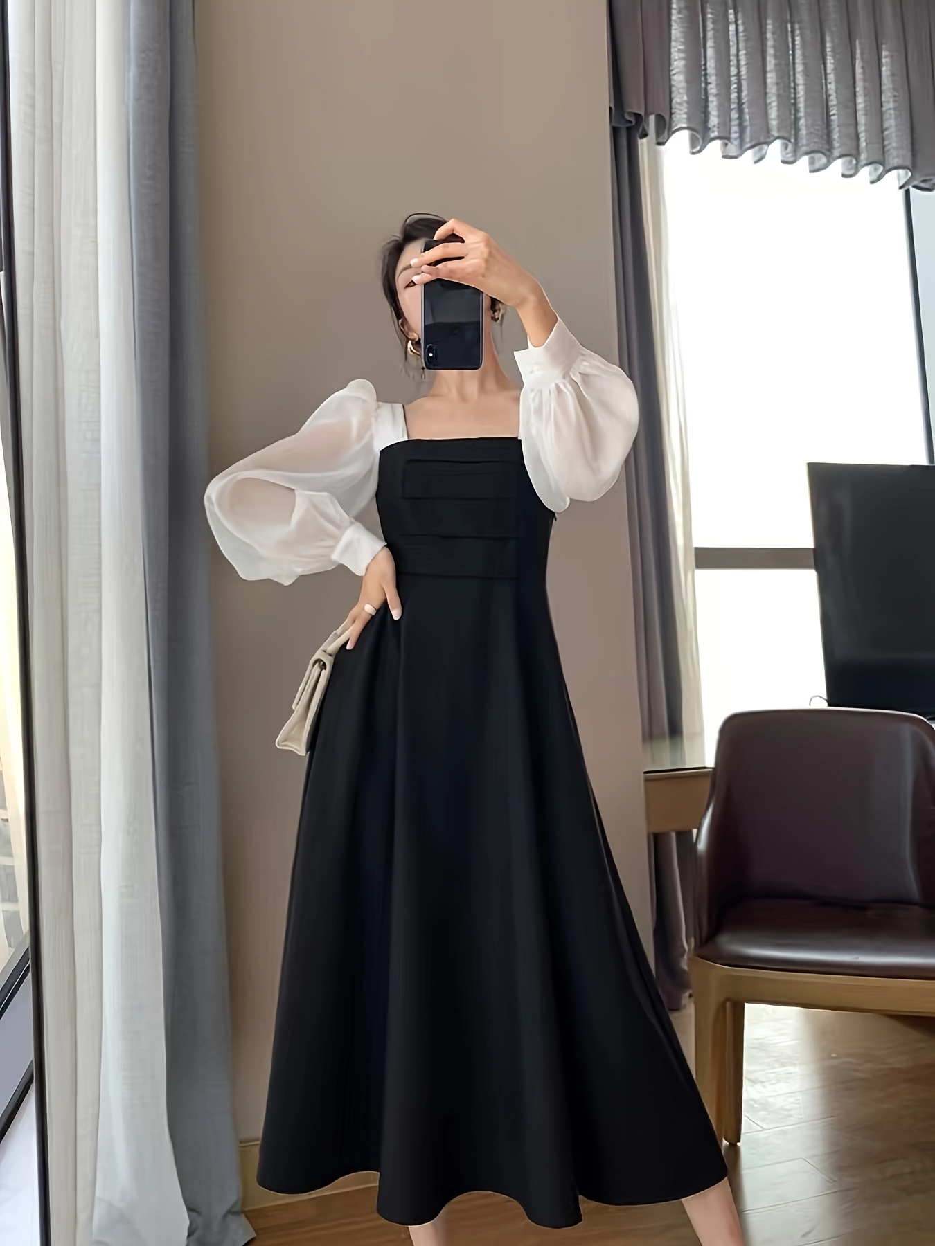 Color Block Dress Women's Winter Fashion Square Neck Celebrity Style ...