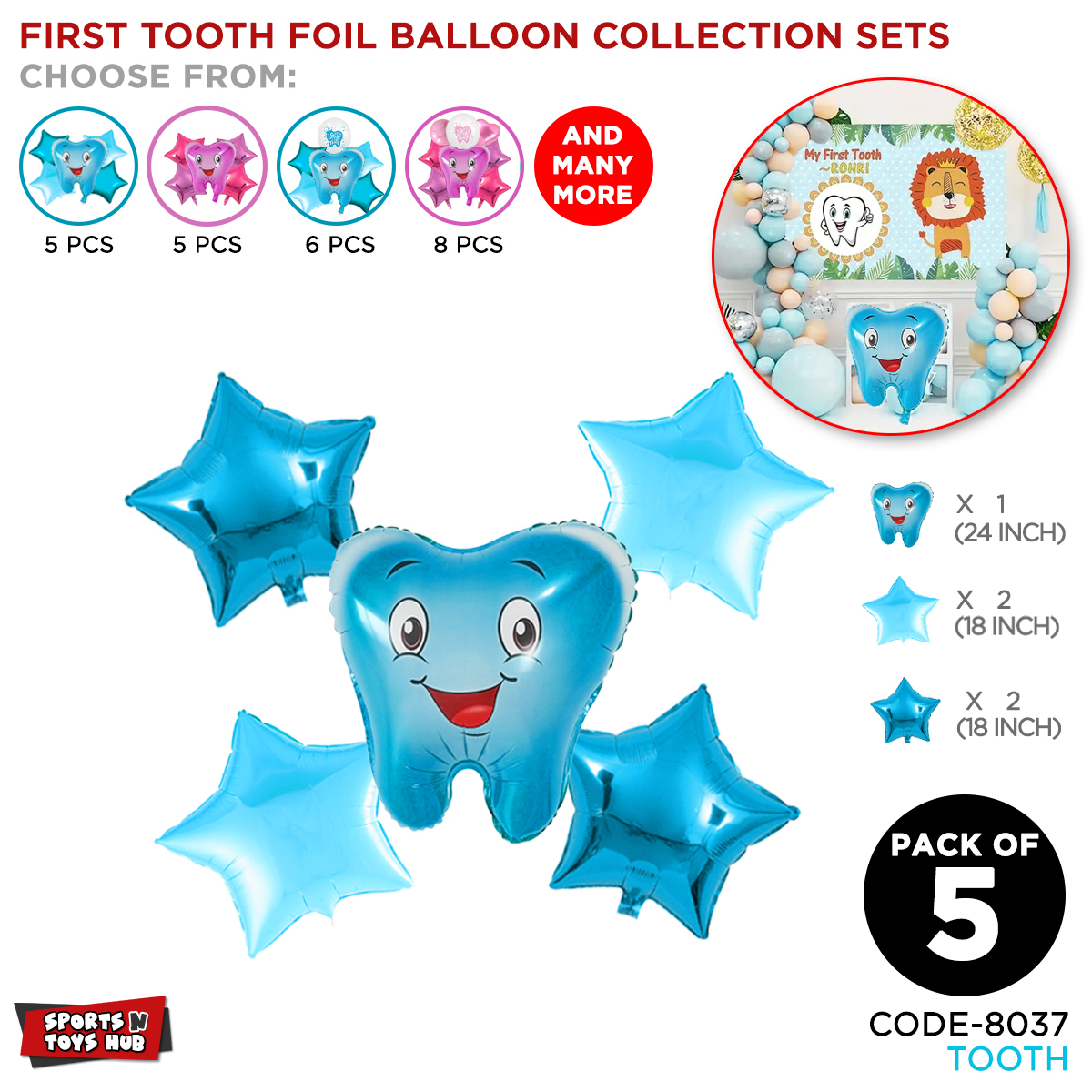 First Tooth Decoration Set of 5 Pcs Foil Balloons, Baby Boy & Baby Girl ...