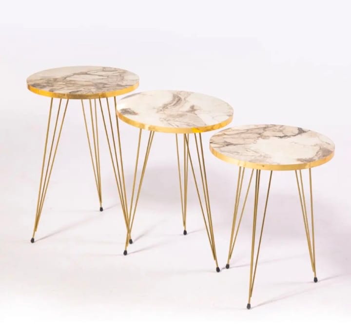 Corner/nesting/ Coffee table marble textured high gloss top, metal ...