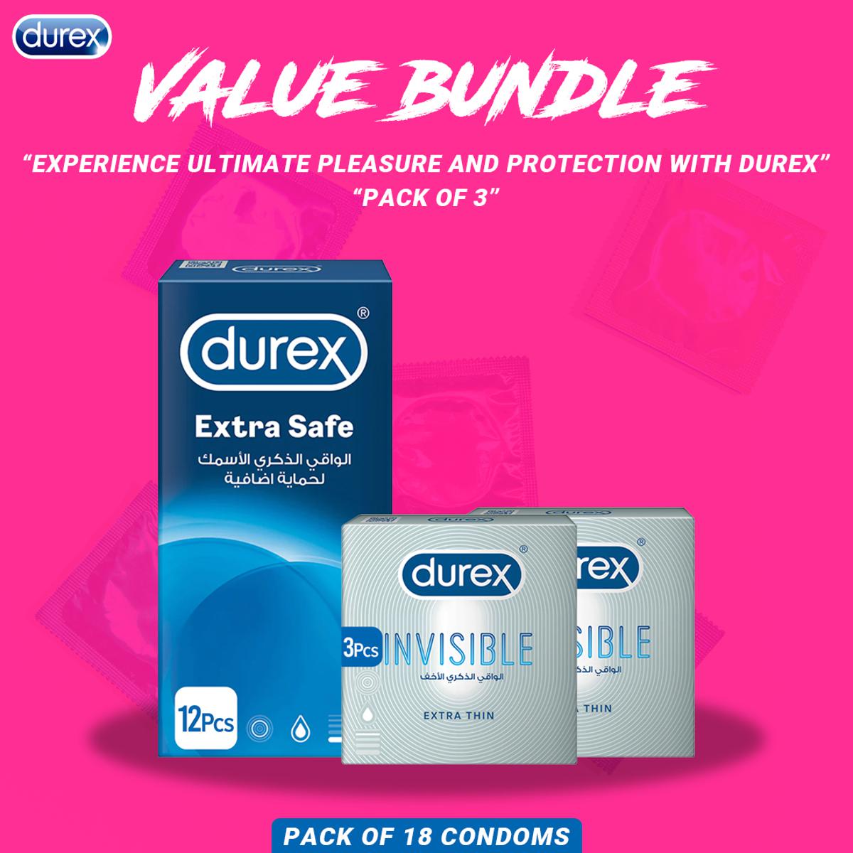 Durex Pack of 3 - Durex Extra Safe 12s Condoms + Durex Invisible Extra Thin 3s Condoms x 2 ...