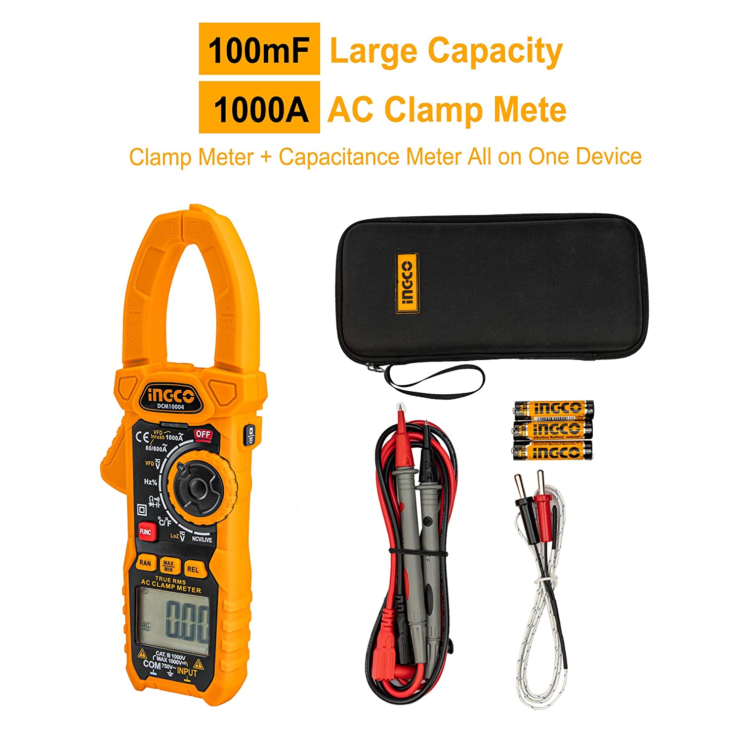 INGCO Clamp Meter, 1000A True RMS 6000 Counts for AC Current Clamp ...