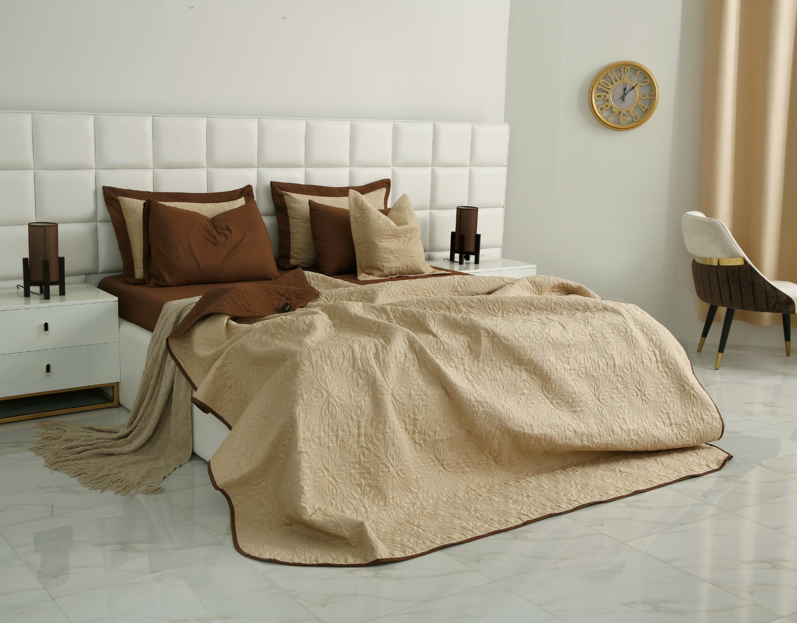 7 PCs Ultrasonic Bed Spread Set-Brown Over Beige | Daraz.pk
