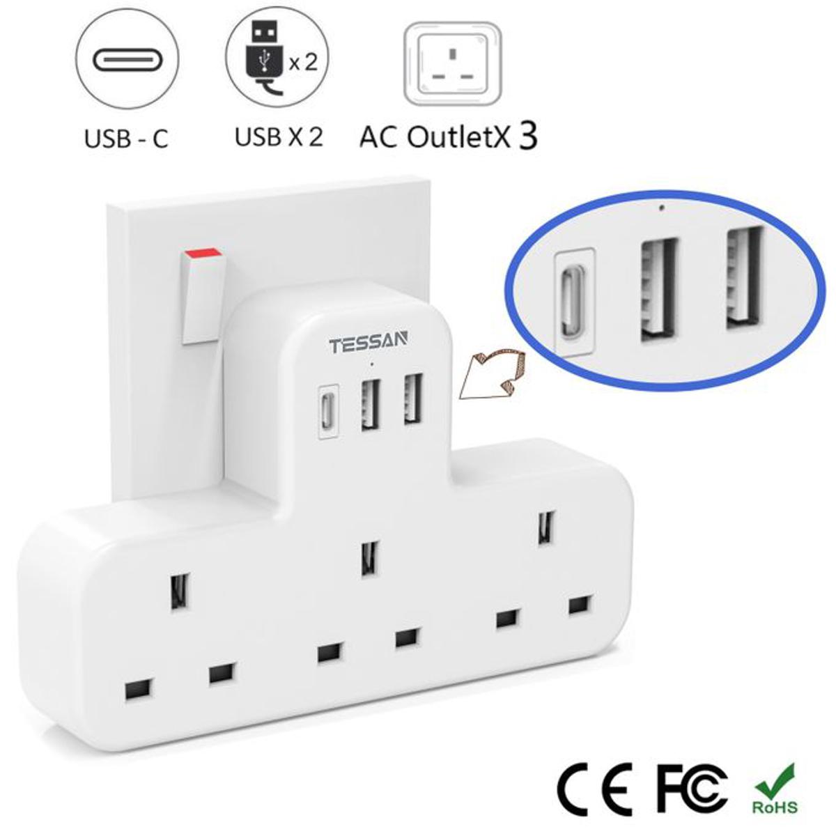 Tessan Extension Plug Triple Plug Extender with 2 USB Socket & USB C ...