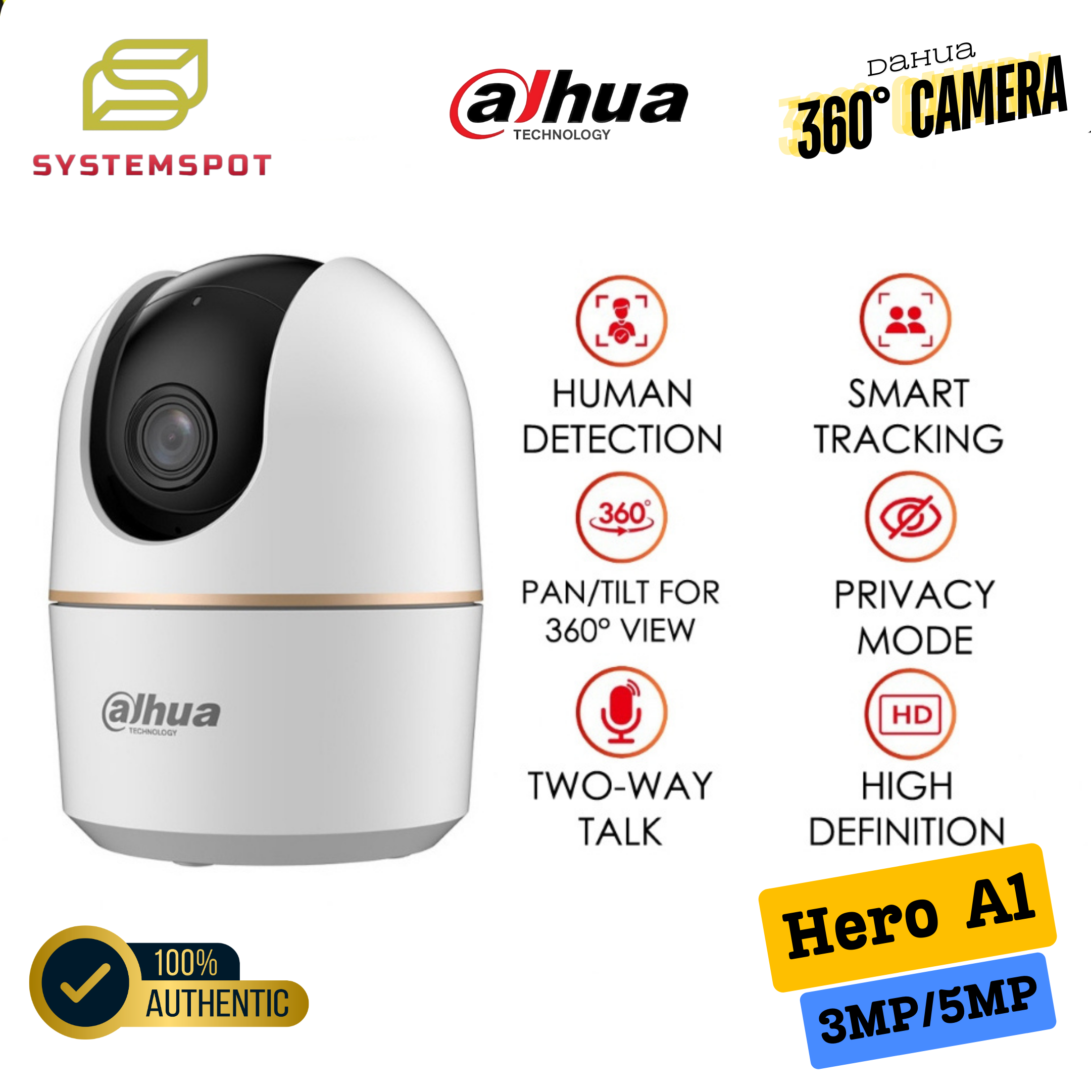 DAHUA Hero A1 Camera 3MP-5MP Indoor Pan/Tilt 360 WIFI Camera, Two Way Talk, Night Vision, Auto ...