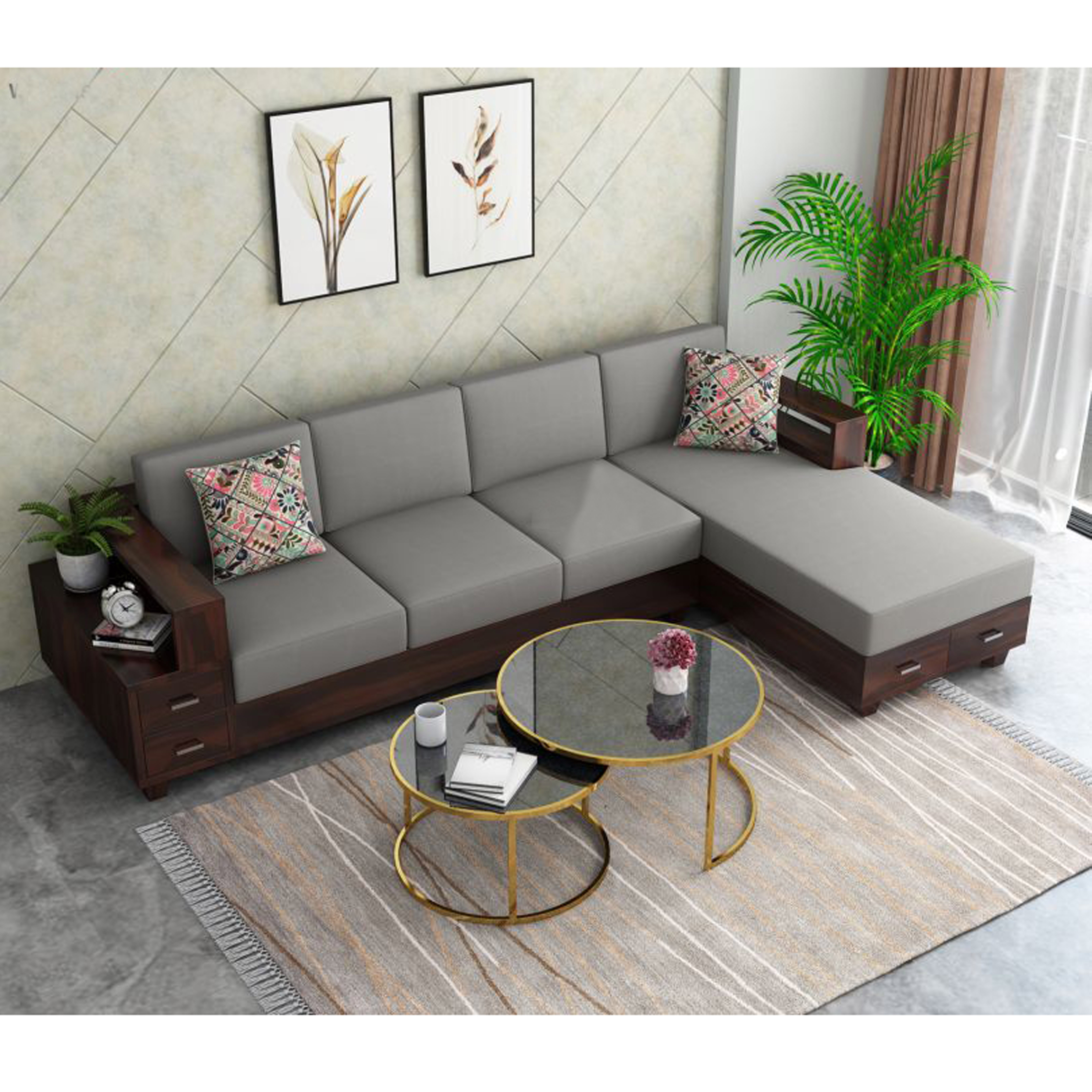 Solace L-Shaped 4 Seater Wooden Sofa | Daraz.pk