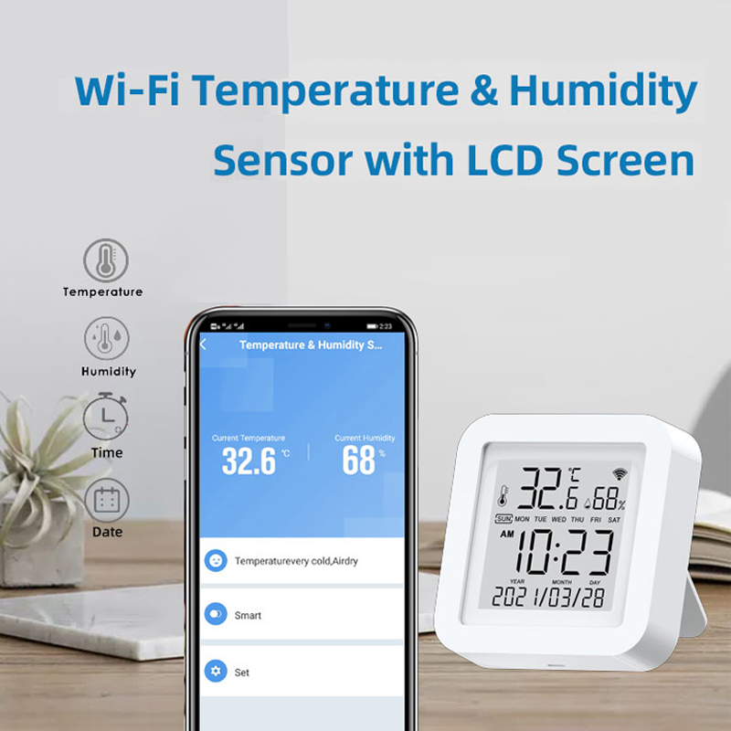 WiFi Temperature and Humidity Sensor Tuya Smart Home Device with LCD Screen APP Remote Monitor ...
