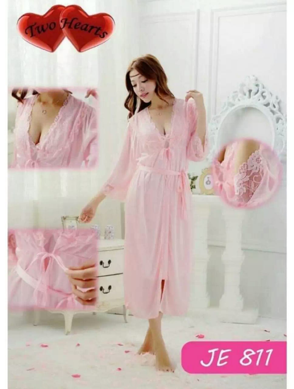 3 Piece Silk Night Suit for Women Gown, Inner Dress and Pyjama Set in ...