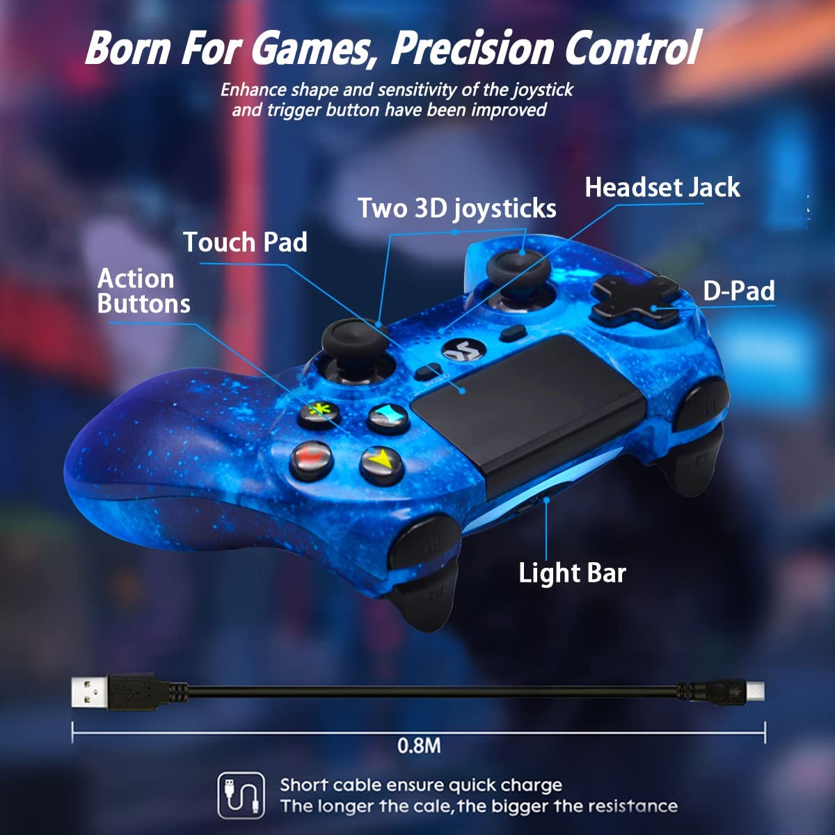 Wireless Controller for PS4, Blue Galaxy Nebula Style High Performance ...