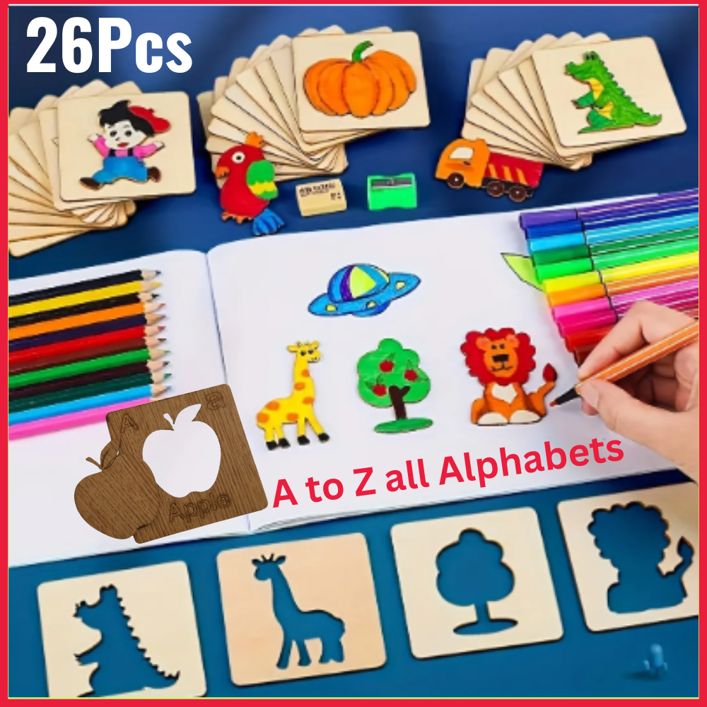 Set of 6Pcs | 15Pcs | 26Pcs A to Z Complete ABC Wooden Drawing Stencils ...