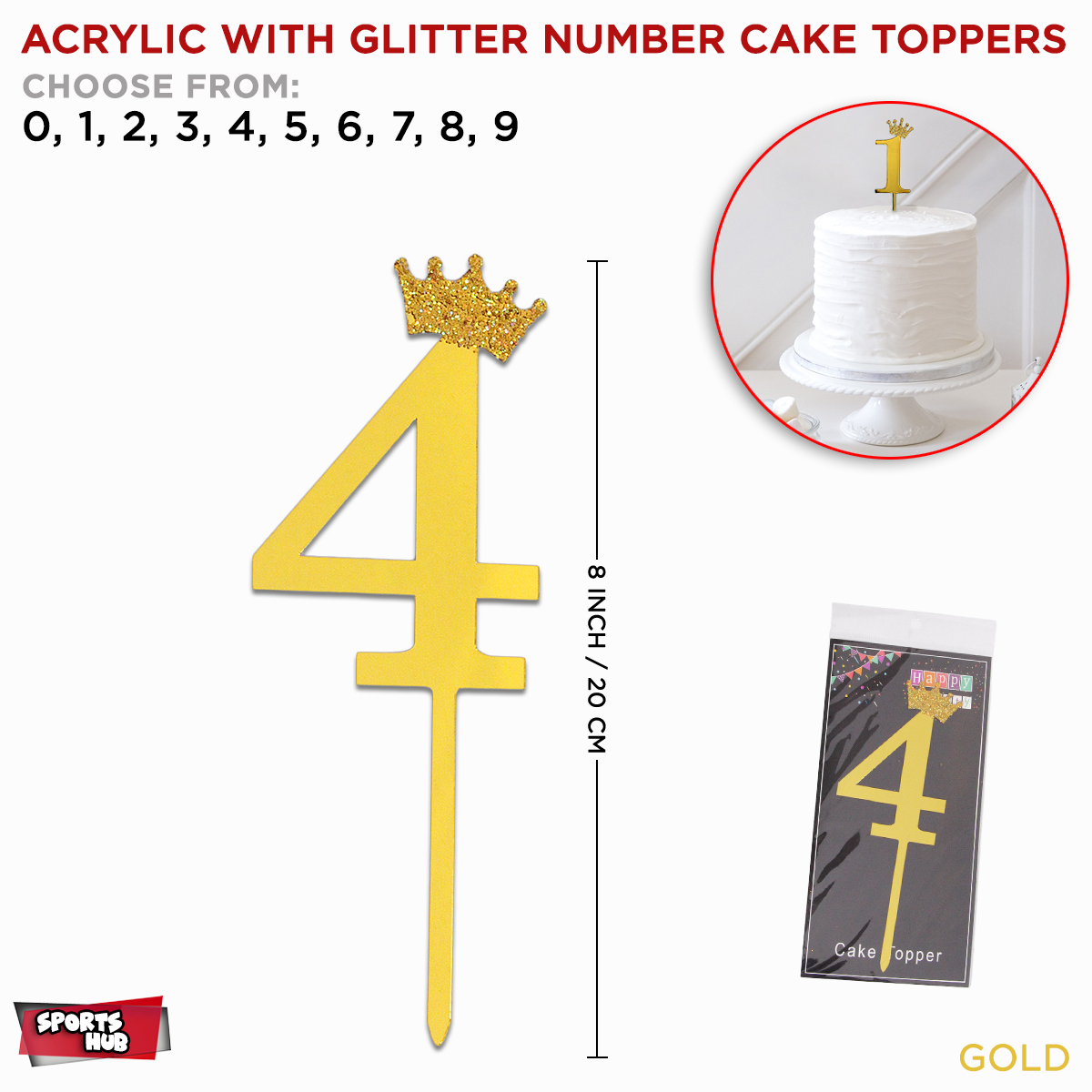 Acrylic Number Cake Topper With Glitter Crown, No Topper 0 1 2 3 4 5 6 ...