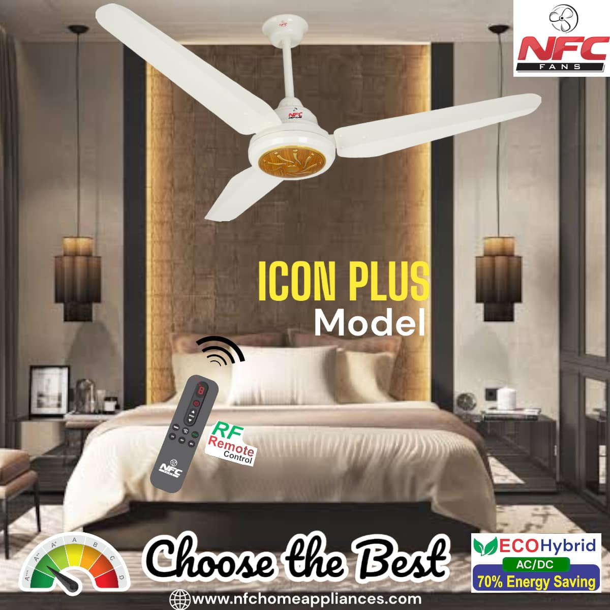 NFC AC DC Celling Fan Icon Plus Model 56 Inch Inverter 2024 model BLDC motor Remote Control ...