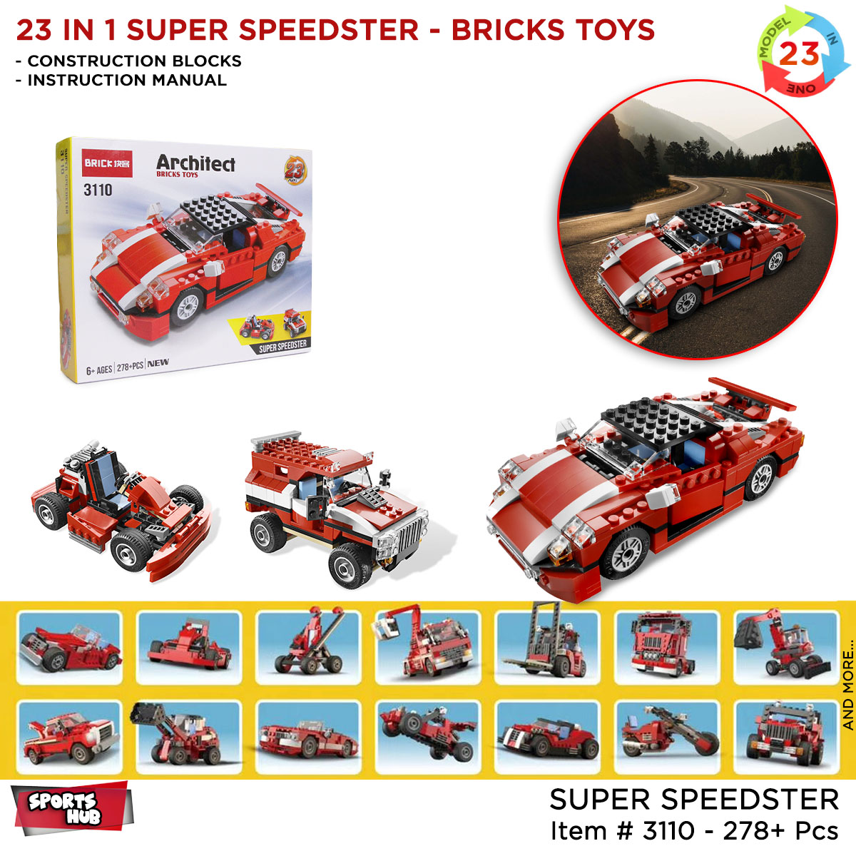 Decool: Architect Creator - 23 in 1 - 278 Pieces Red Super Speedster Race Car Building Blocks ...