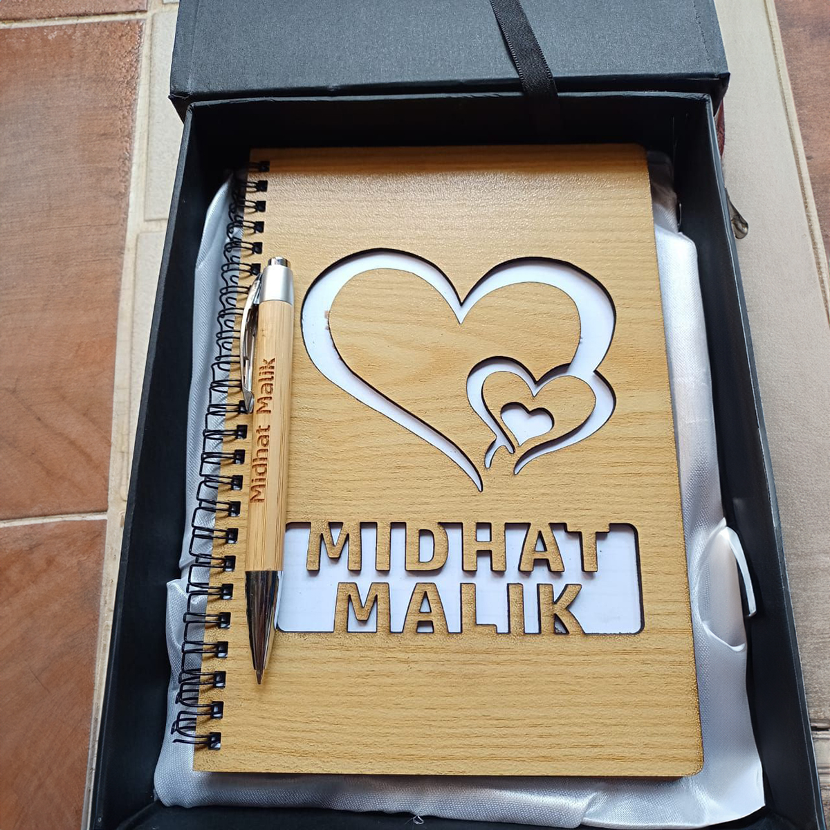 Customized Wooden Pen Diary Set With Box Best Gift Heart Shape Cutting ...