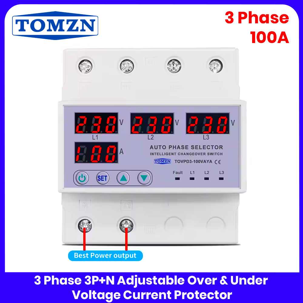 TOMZN 3 Phase 100A Auto Phase Selector | Over & Under Voltage Current ...