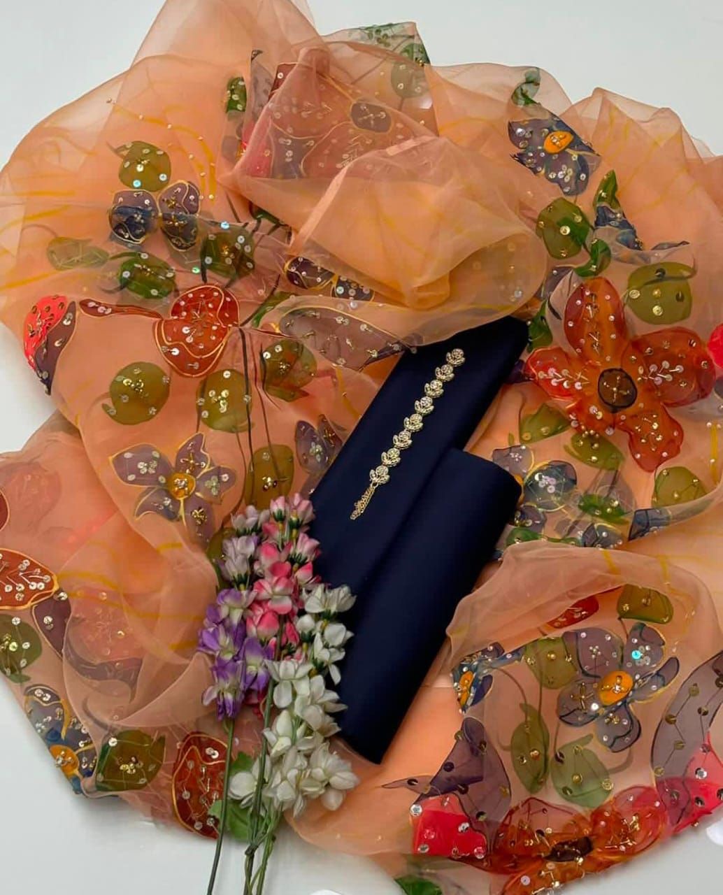 New Collection 3piece suit Organza Brush paint Dupatta with Cut dana ...