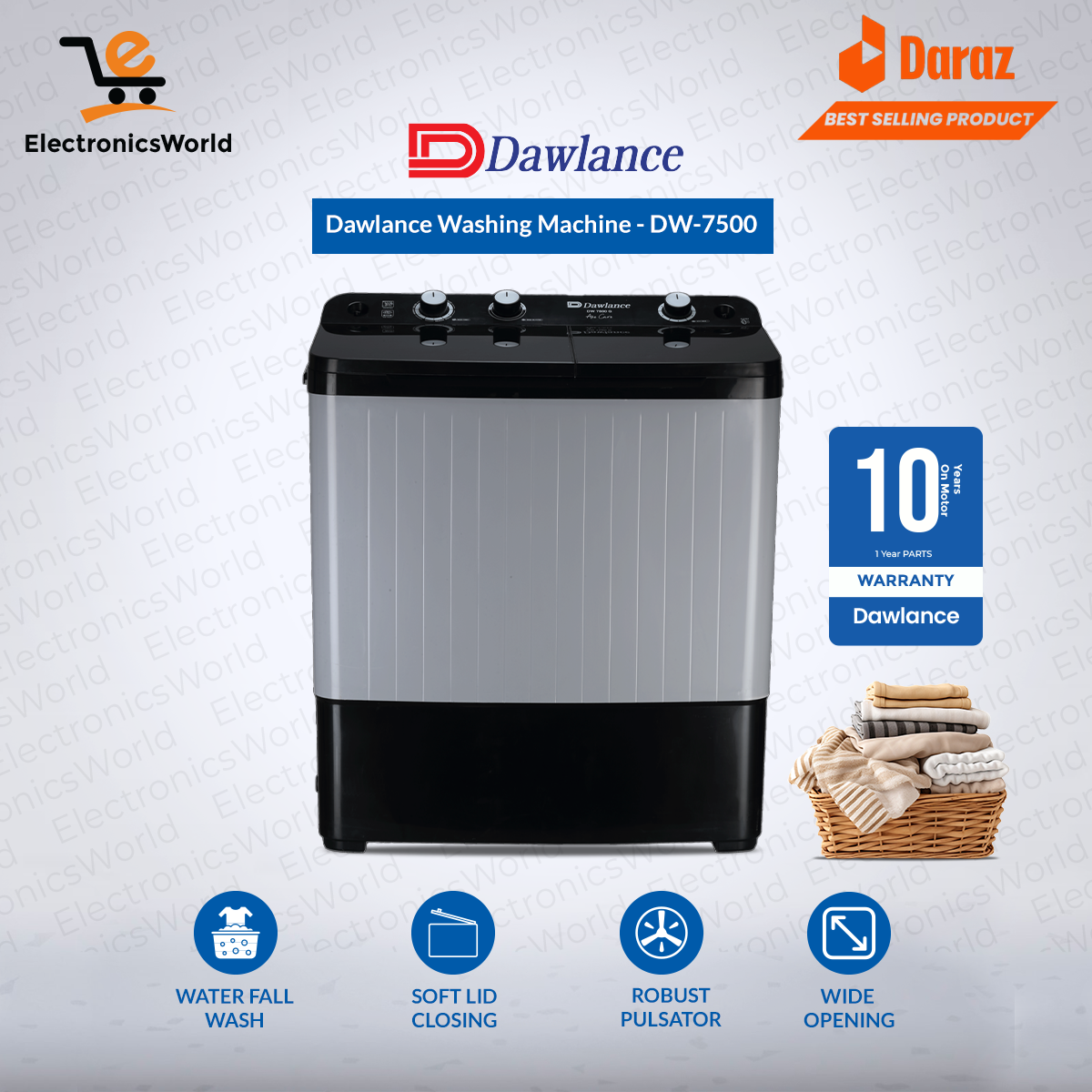Dawlance Washing Machine | DW 7500 Glass Lid Twin Tub Washing Machine | Waterfall Wash with 10 ...