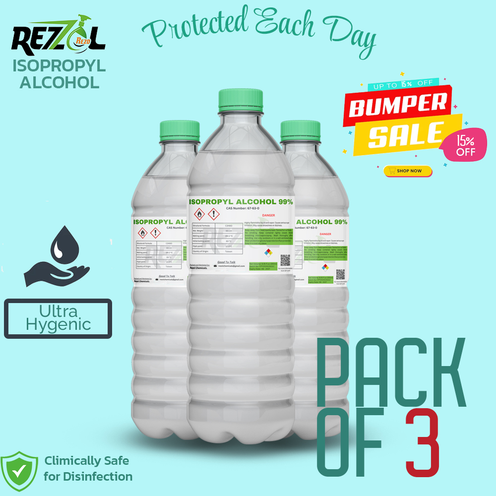 Rezol Isopropyl Alcohol 99% 3 x 1.5 Litres - IPA 4500 ml Pack of 3 - Disinfectant - Medical ...