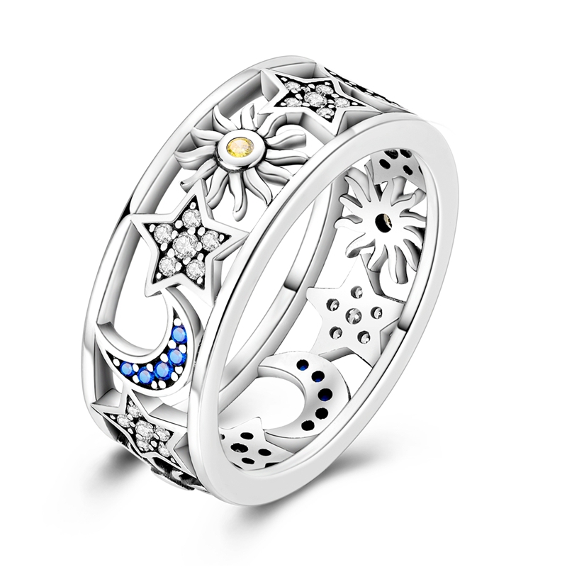 Beautiful 925 Sterling Silver Yellow Sun Blue Moon Star Hollow Ring For ...
